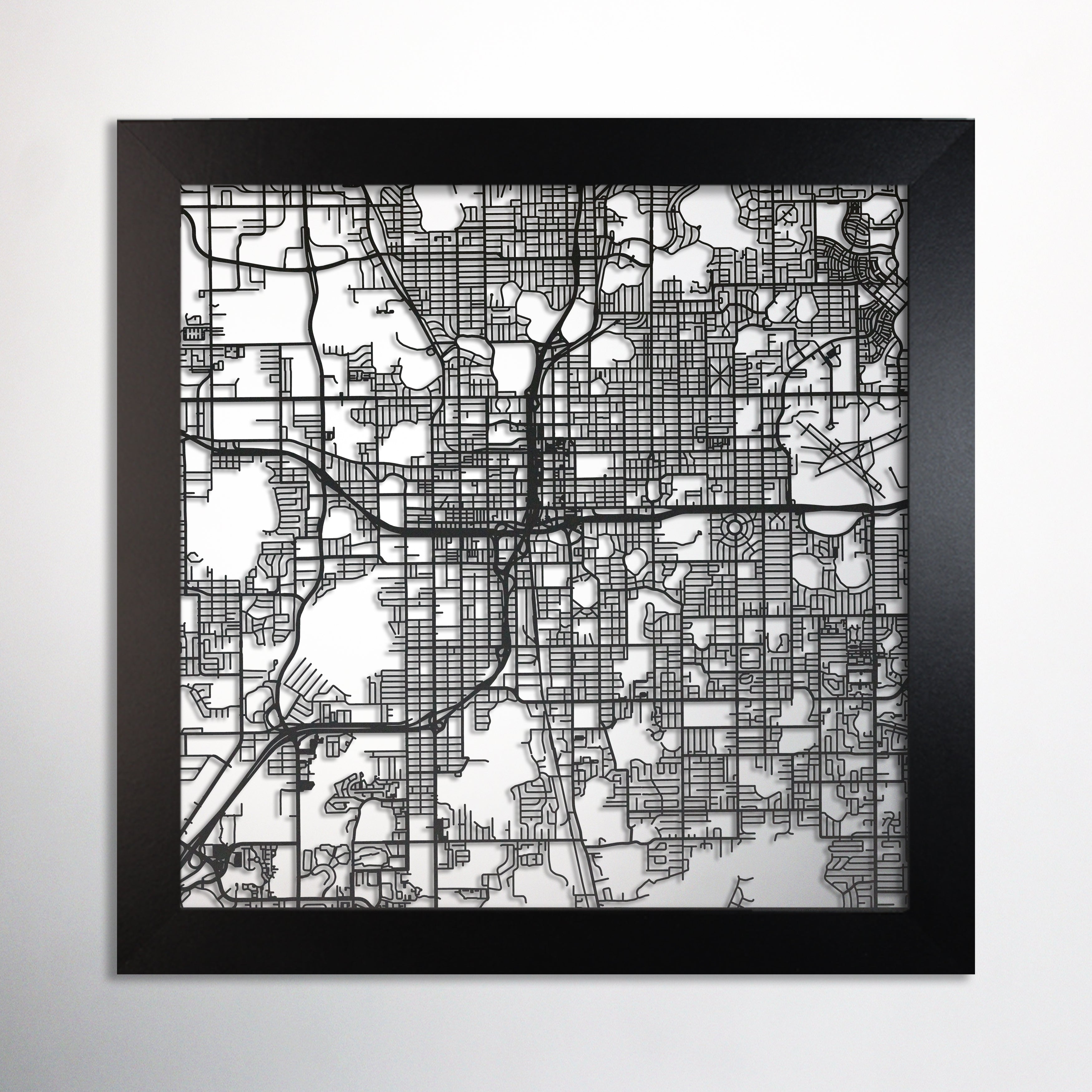 Orlando, FL square framed laser cut map – CarbonLight Laser Cut Maps